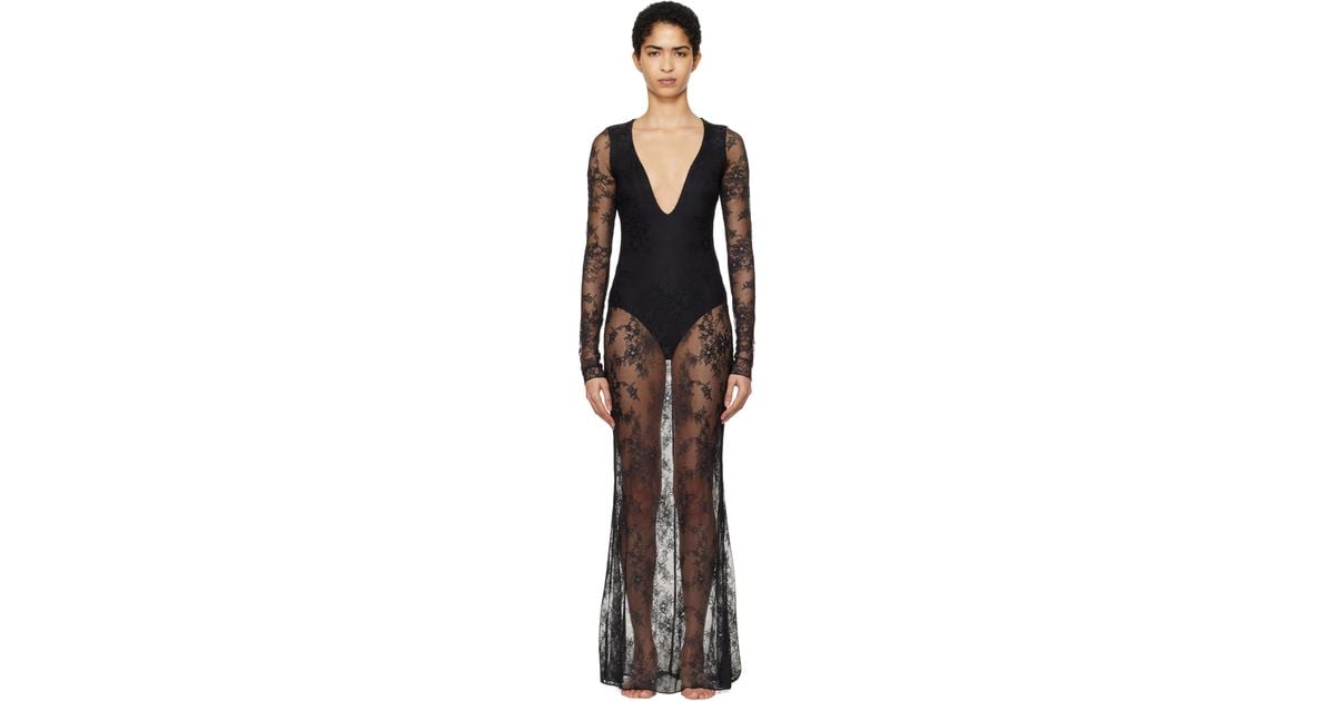 Skims Ultra Fine Lace Plunge Long Maxi Dress in Black | Lyst