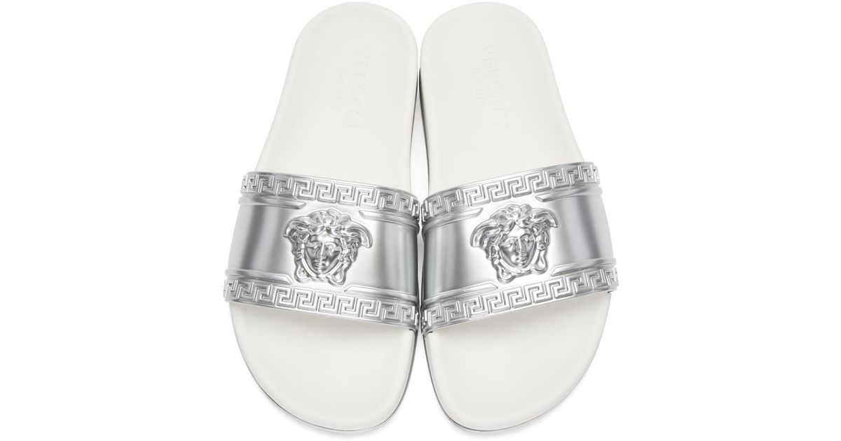 Versace Silver Medusa Slide Sandals in Metallic for Men | Lyst