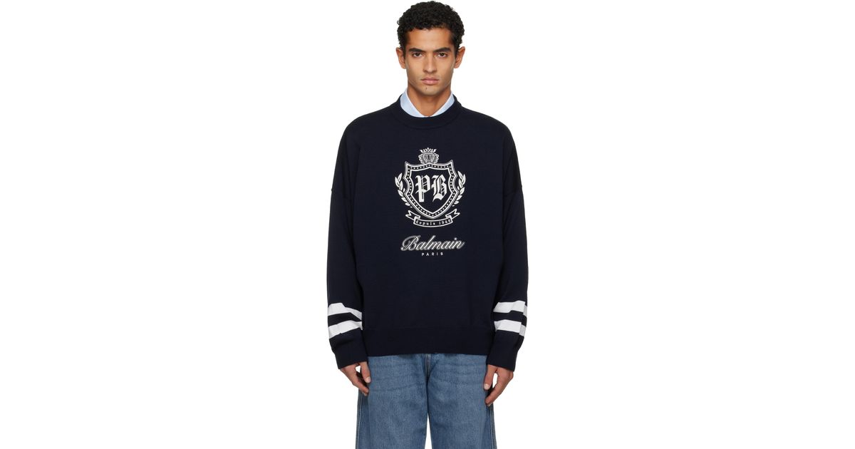Balmain College Emblem Knit Sweater in Blue for Men | Lyst UK
