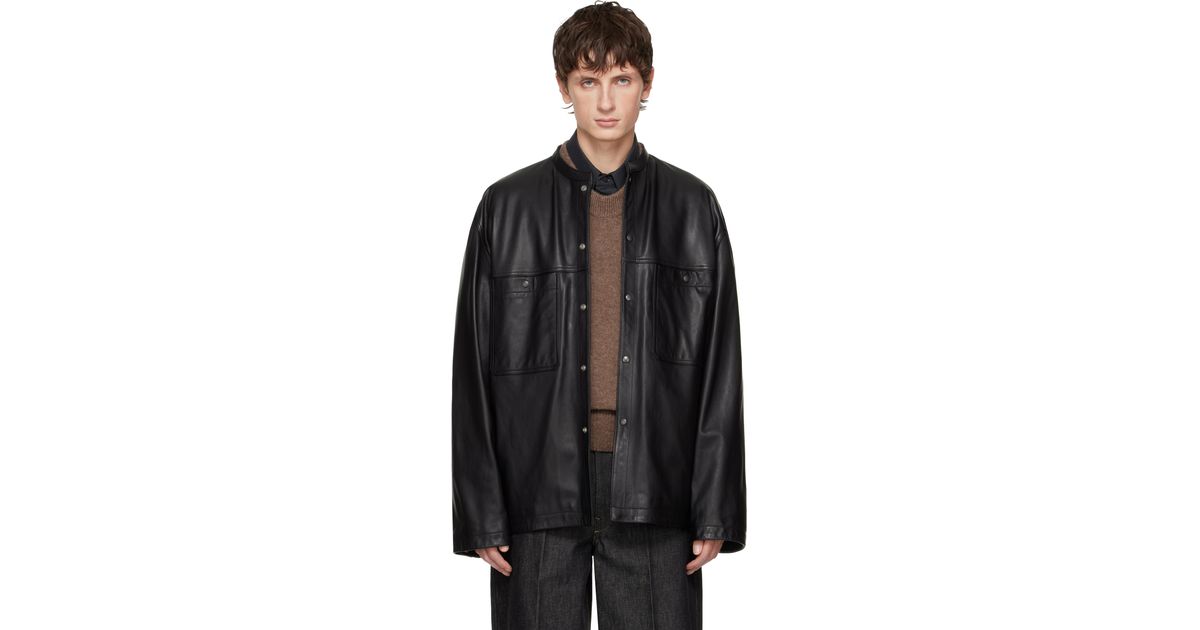 Lemaire Collarstand Leather Overshirt in Black for Men | Lyst