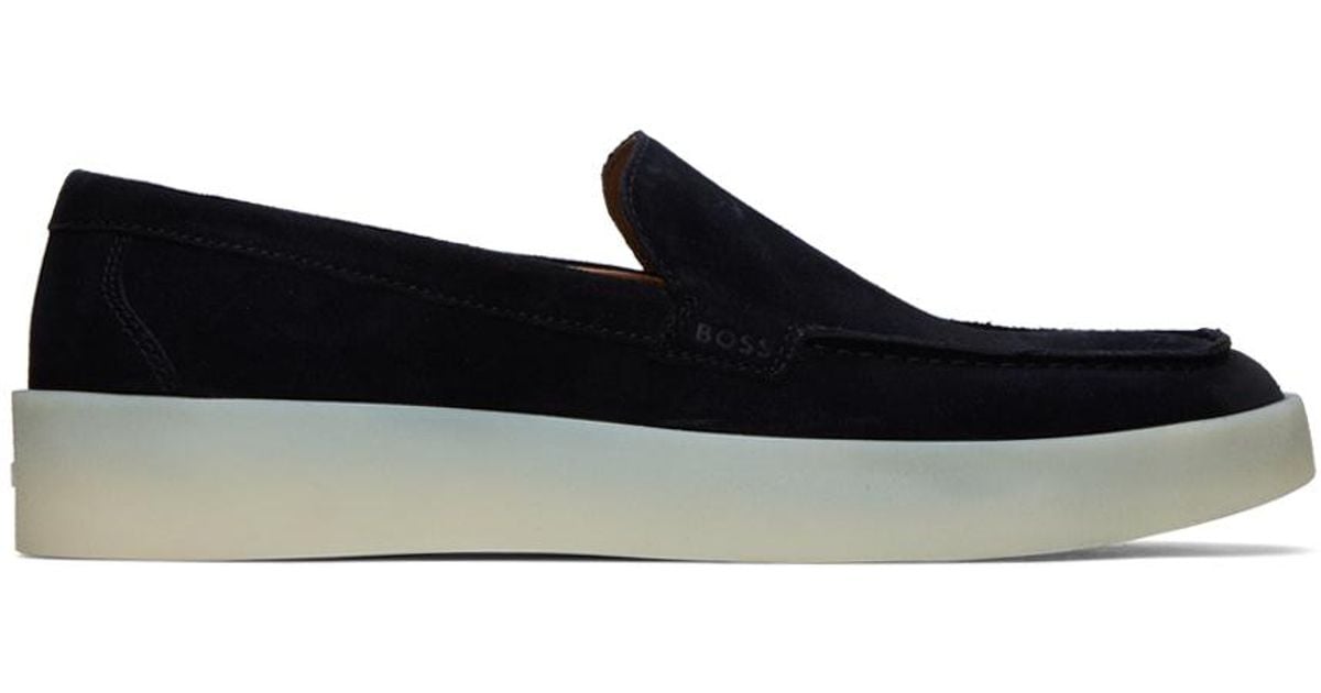 BOSS Suede Logo Detail Loafers in Black for Men | Lyst