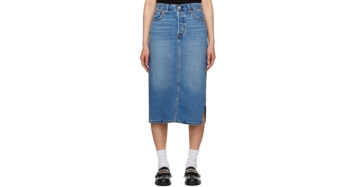 Levi's Blue Side Slit Denim Midi Skirt | Lyst