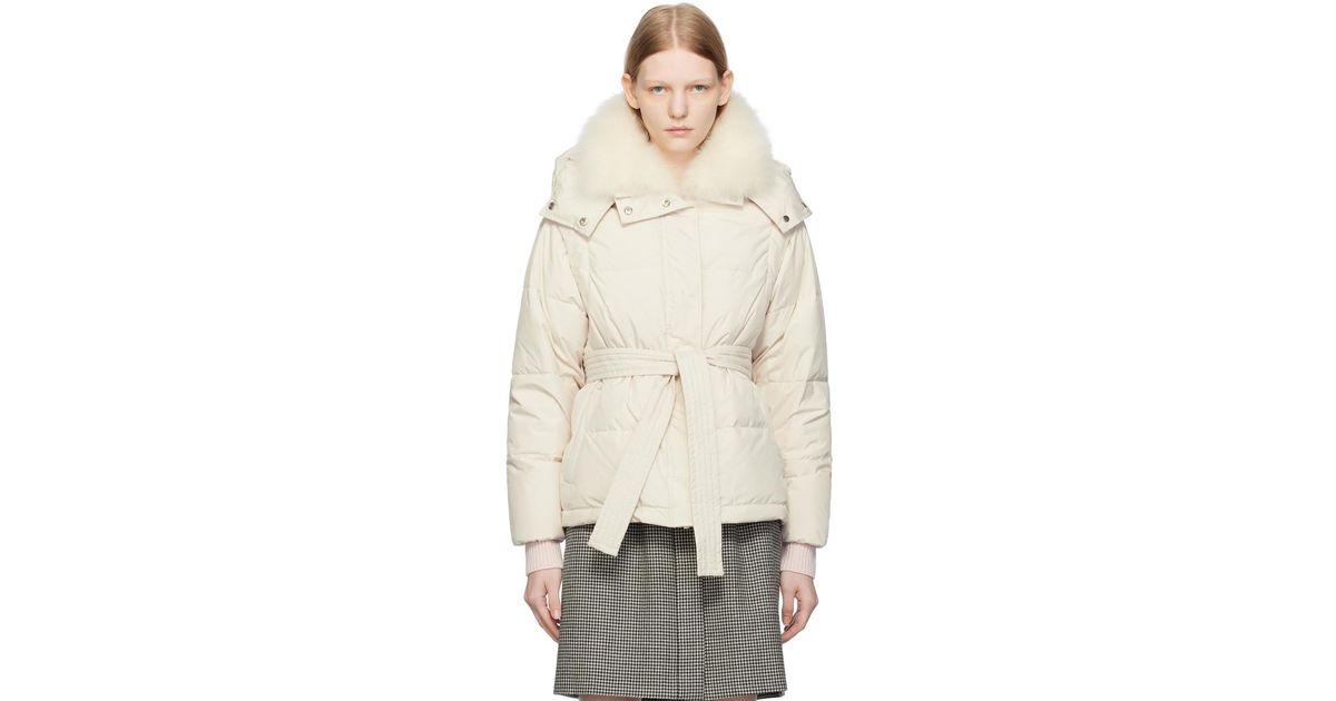 Yves Salomon White Belted Down Jacket in Natural | Lyst