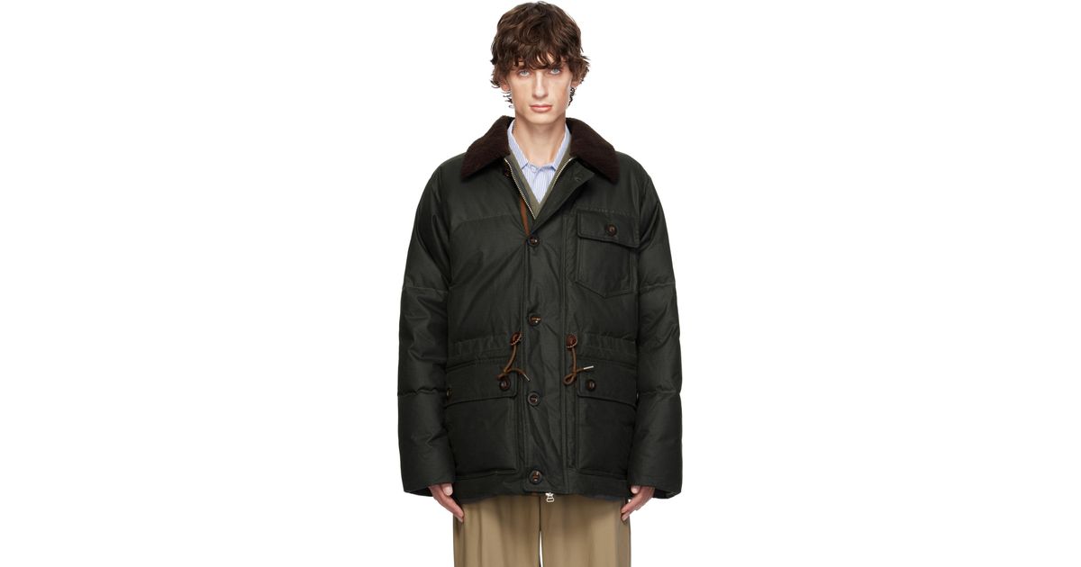 Drake's Khaki Waxed Cotton Expedition Down Jacket in Black for Men ...