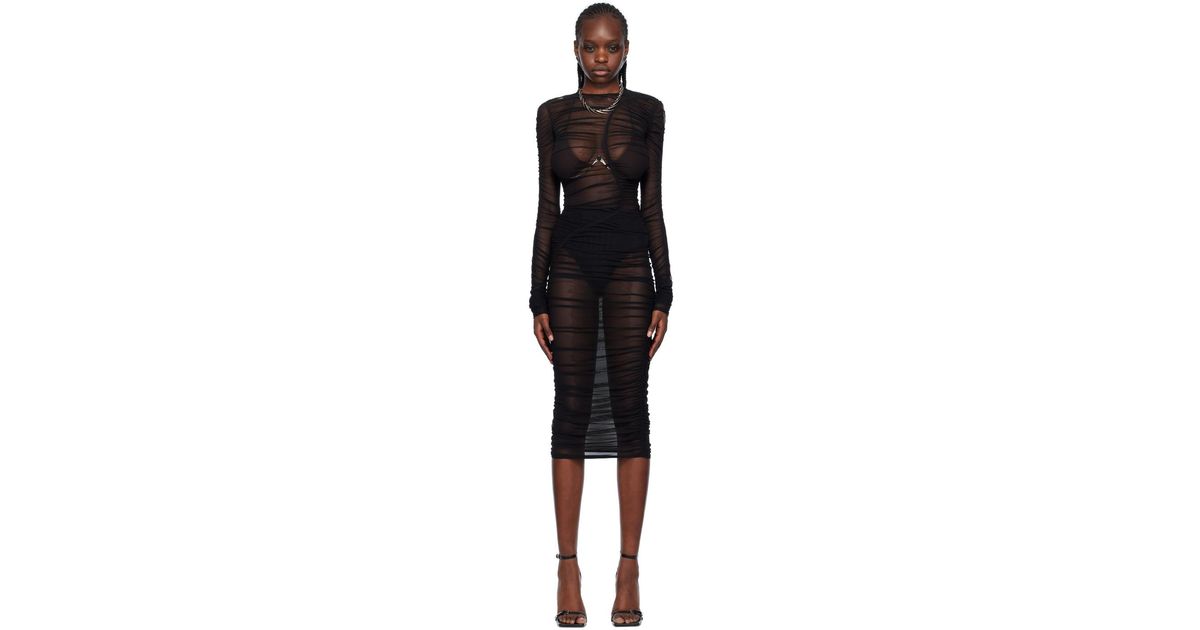 Mugler Black Sheer Midi Dress | Lyst
