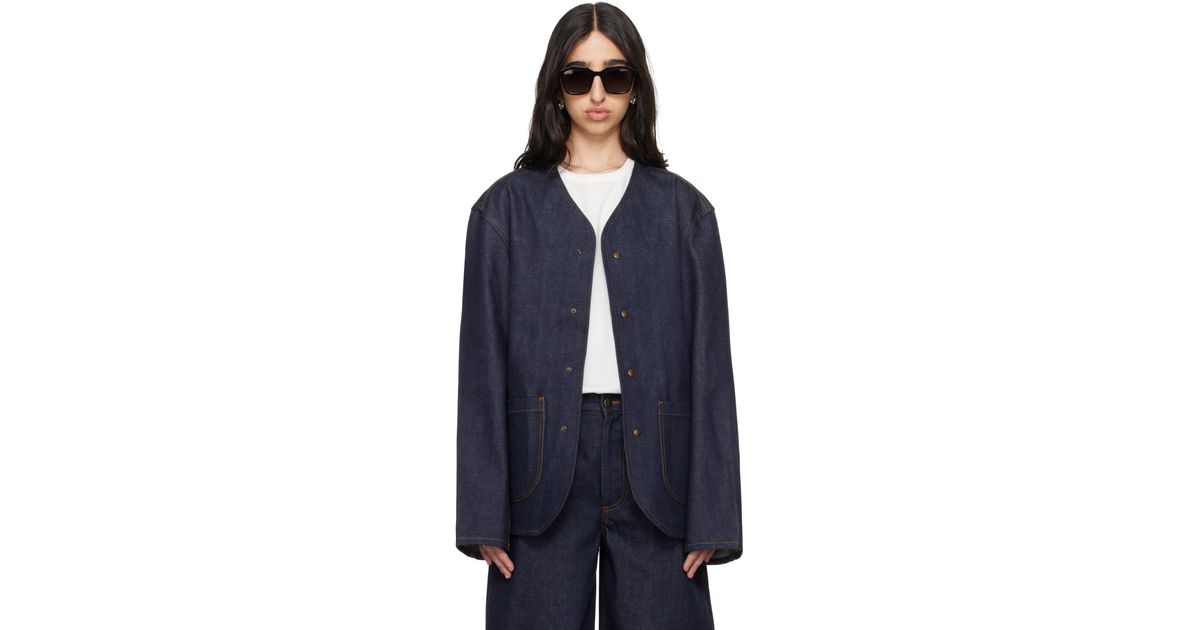 Meta Campania Collective Leon Collarless Raw Denim Jacket in Blue | Lyst