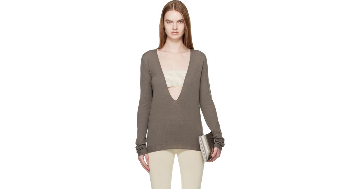 Rick Owens Temple Extreme V Neck Pull Sweater in Brown | Lyst UK