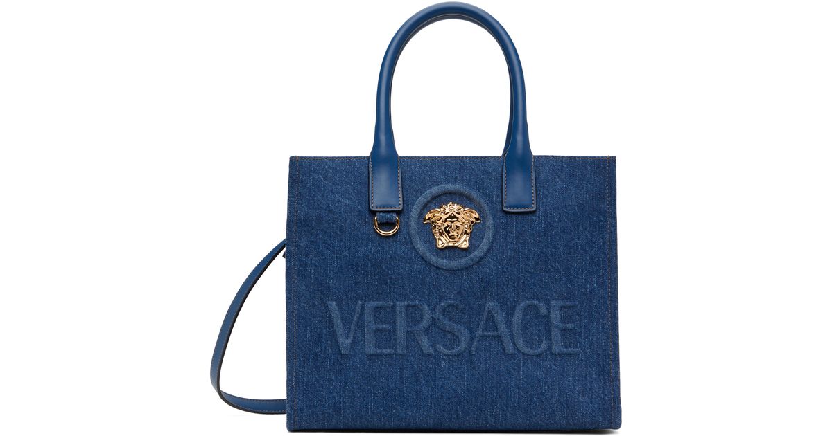 Versace 'La Medusa' Denim Small Tote in Blue | Lyst