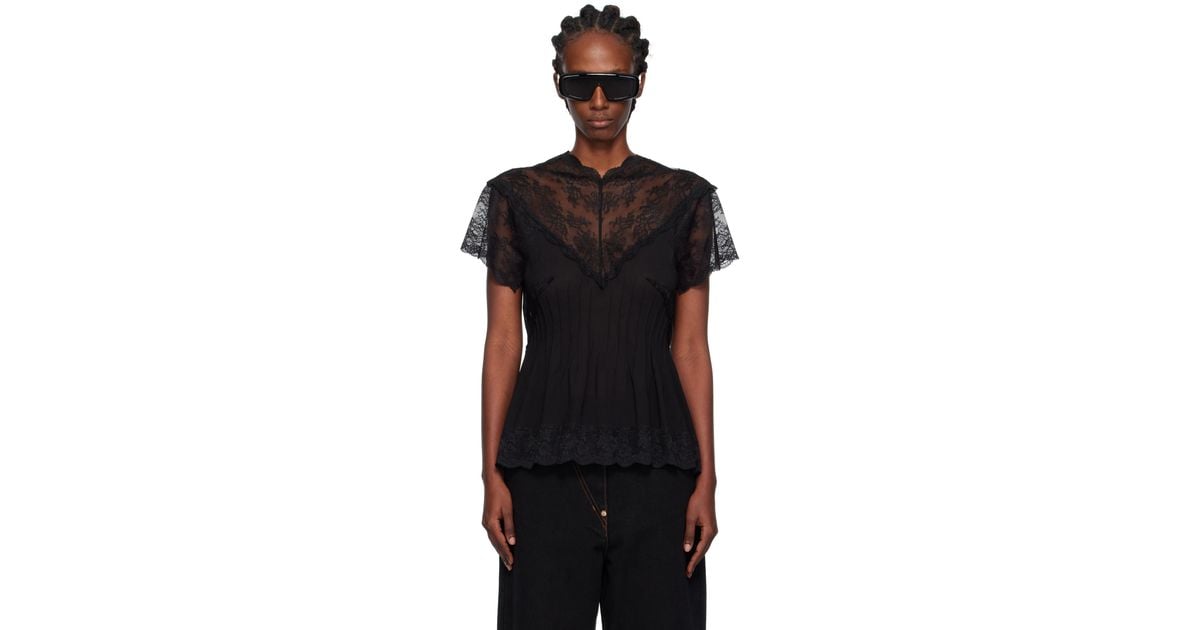 Pushbutton Lace Trim Darted Top in Black | Lyst UK
