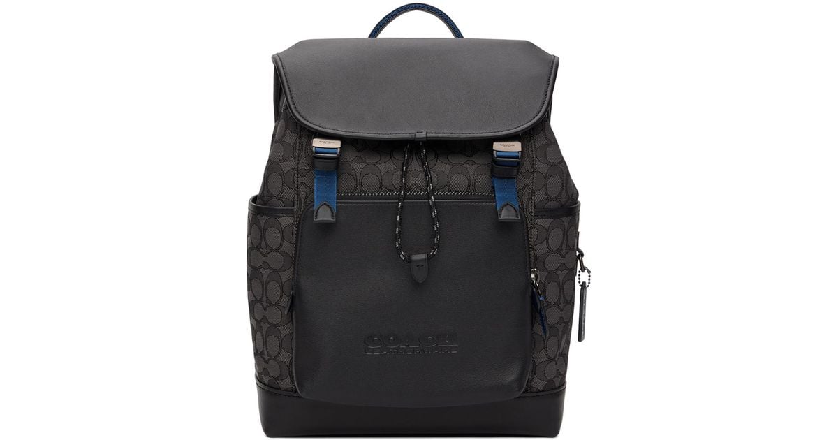 COACH Black Signature Jacquard League Flap Backpack for Men | Lyst