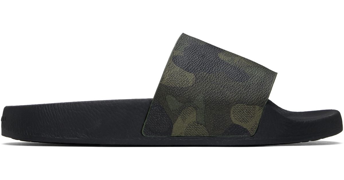 COACH Khaki Coated Canvas Pool Slides in Black for Men | Lyst
