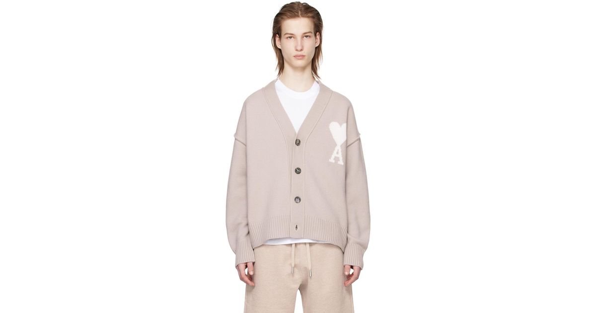 Ami Paris Beige Ami De Cœur Cardigan in Natural for Men | Lyst