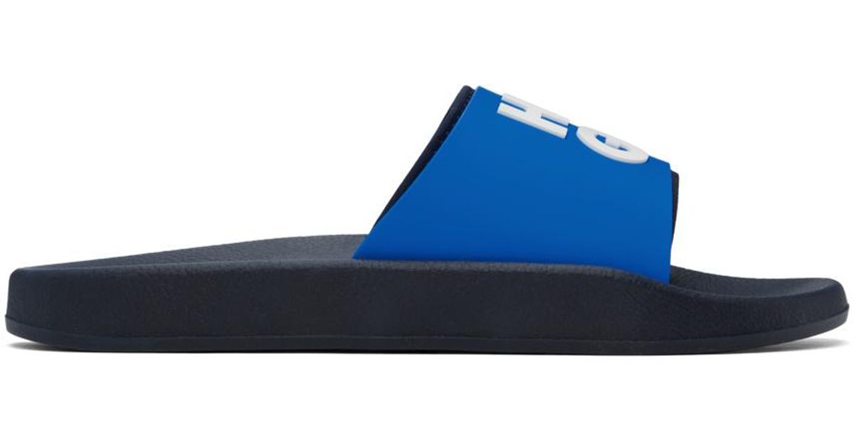 HUGO Blue Logo Slides in Black for Men | Lyst