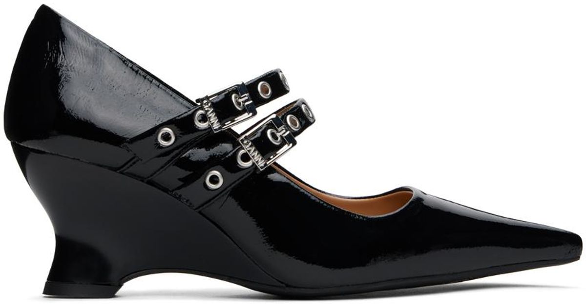Ganni Eyelets Low Wedge Heels in Black | Lyst
