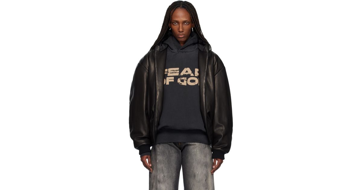 Fear Of God Hooded Leather Bomber Jacket in Black | Lyst
