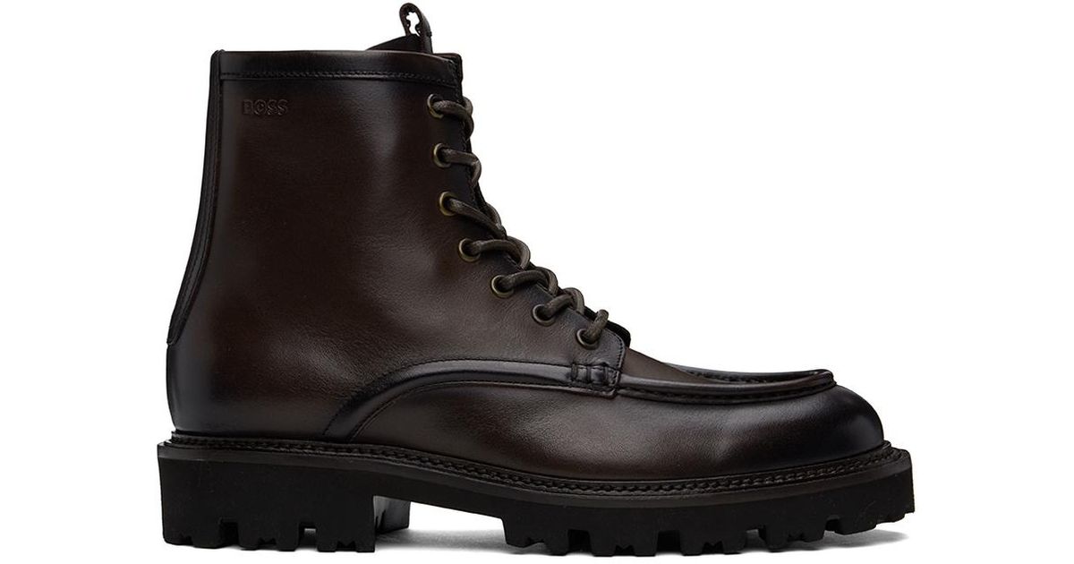 BOSS Leather Apron-Toe Lace-Up Boots in Black for Men | Lyst