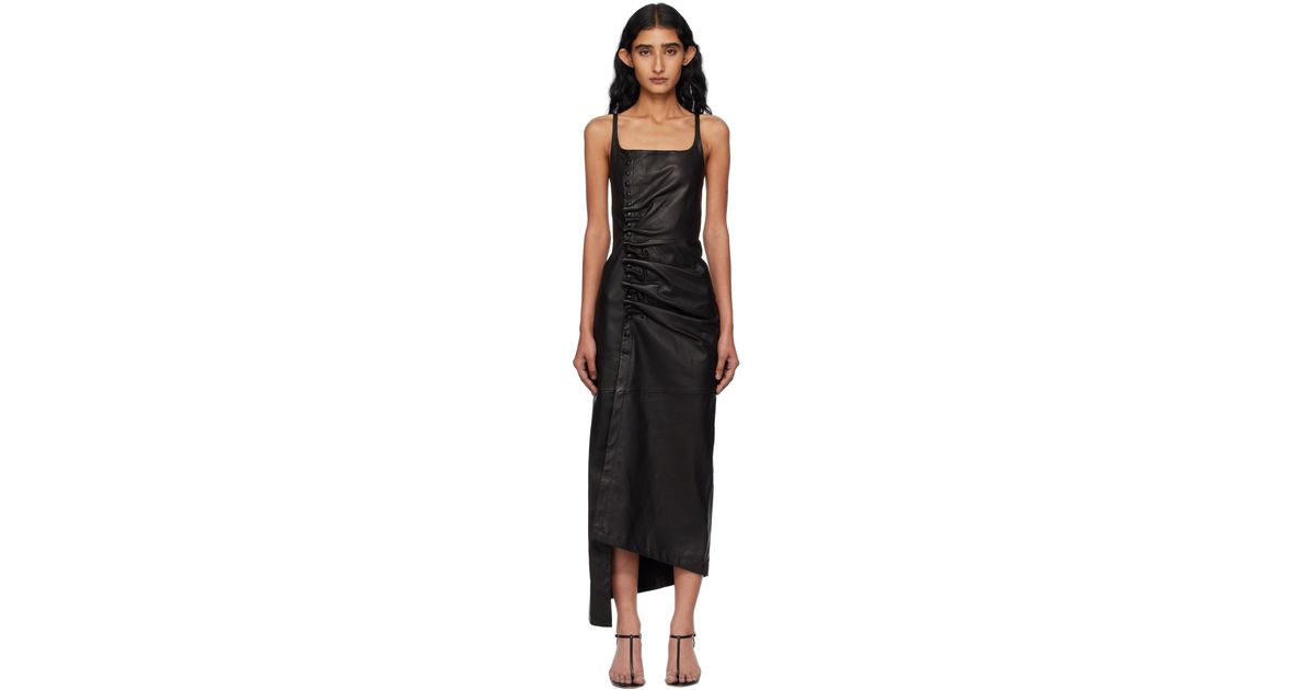 Rabanne Draped Leather Midi Dress in Black | Lyst