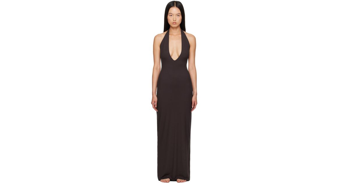 Skims Soft Lounge Deep Plunge Halter Maxi Dress in Black | Lyst