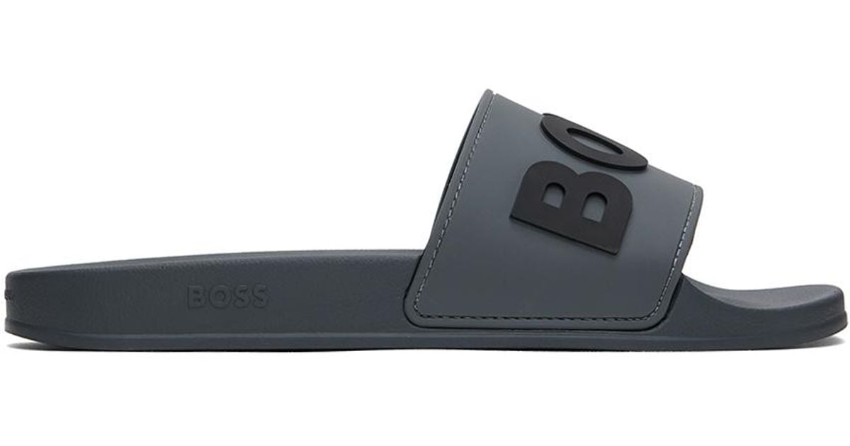 BOSS Raised Logo Slides in Black for Men | Lyst