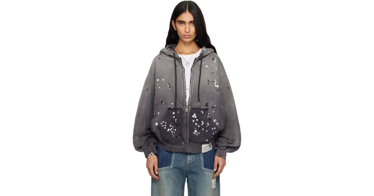 Maison Mihara Yasuhiro Sun Faded Like Embellished Zip-Up Hoodie in Grey ...