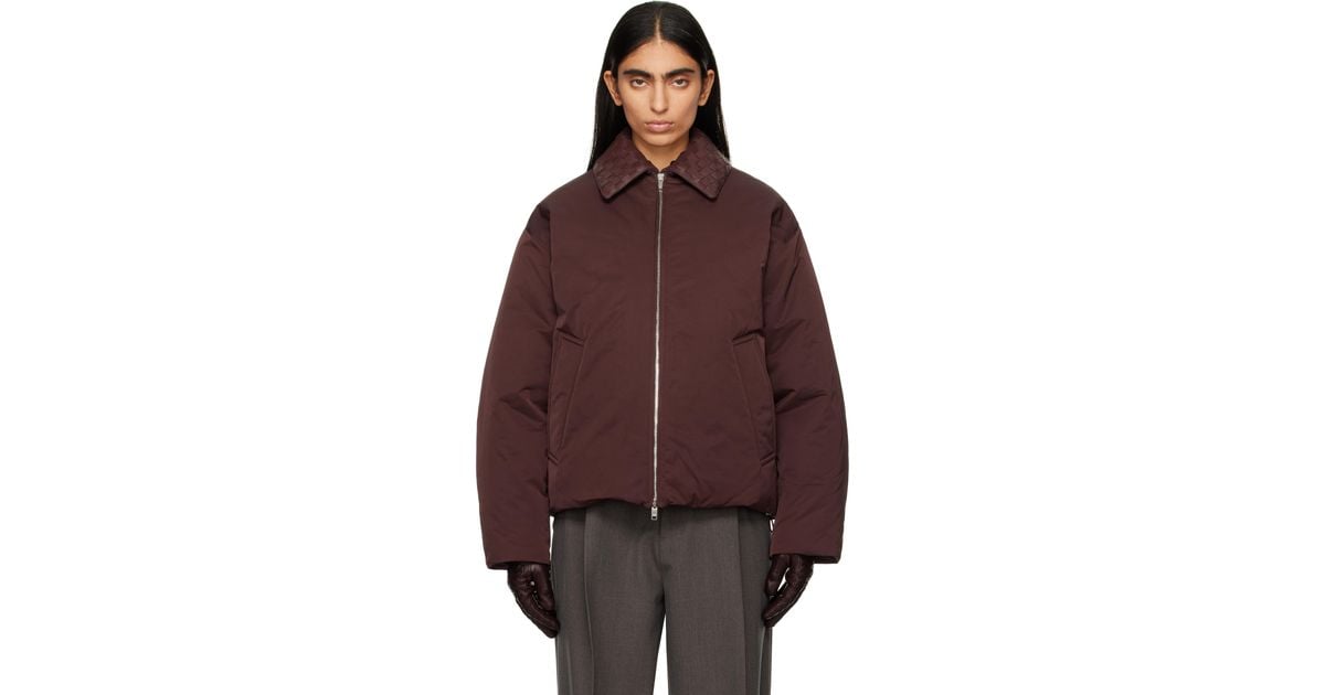 Bottega Veneta Burgundy Tech Nylon Down Puffer Jacket in Brown | Lyst