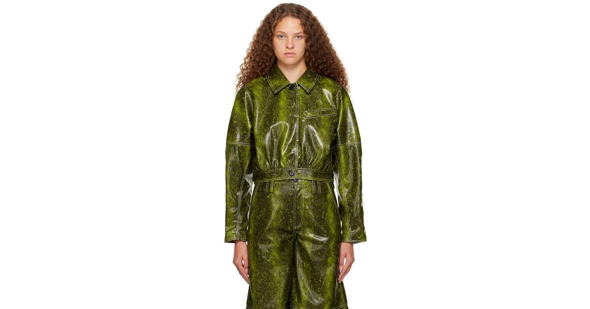 Ganni Cropped Faux Snake-effect Leather Jacket in Green | Lyst