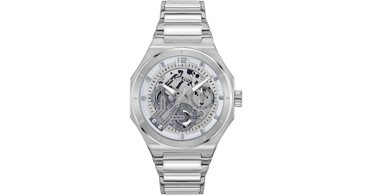 HUGO Grail Skeleton Steel Watch in Gray for Men | Lyst