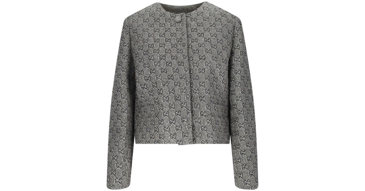 Gucci 'Gg' Rhinestone Jacket in Gray | Lyst