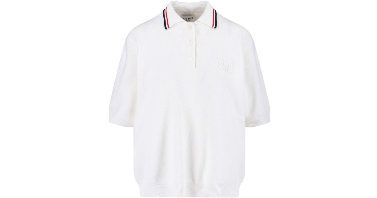 Miu Miu Logo Knit Polo Shirt in White | Lyst