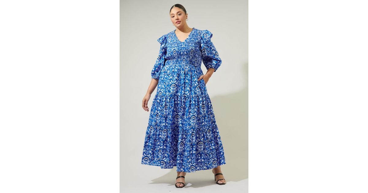 Sugarlips Lulu Floral Brighton Smocked Poplin Maxi Dress Curve In Blue