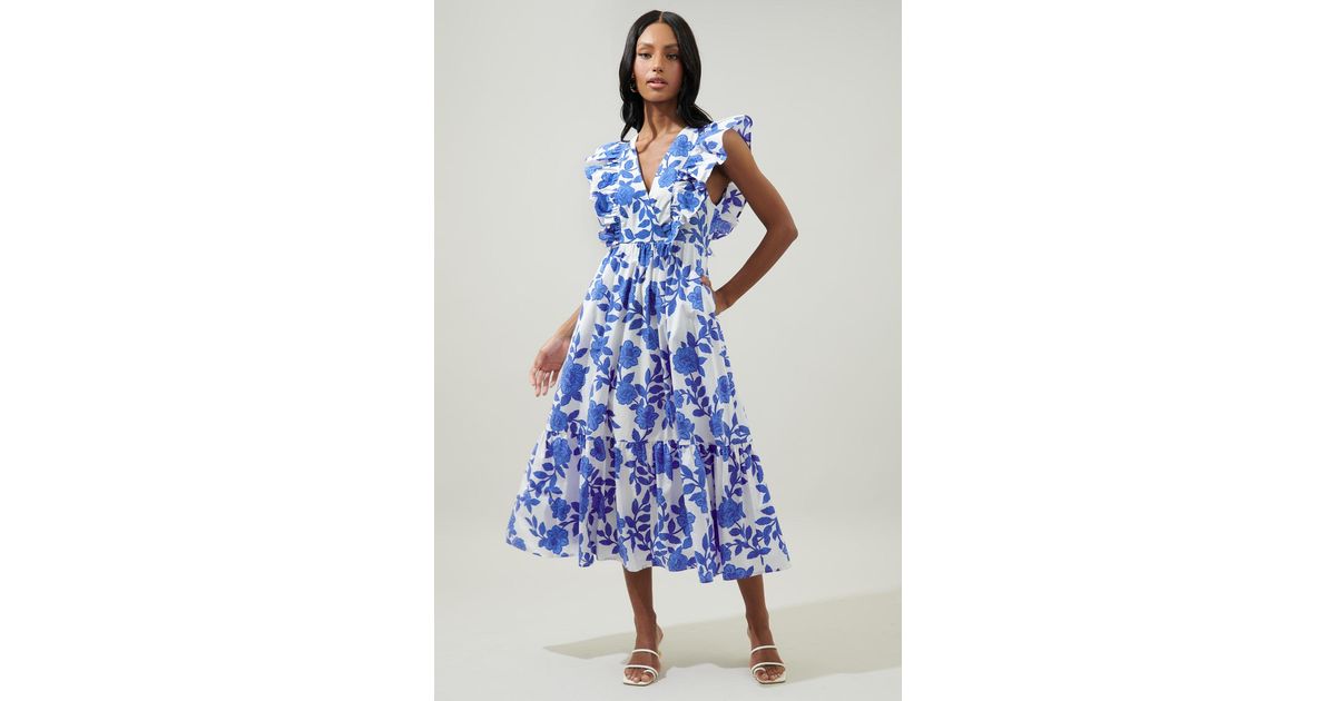 Sugarlips Glantis Floral Fairness Poplin Surplice Midi Dress In Blue Lyst