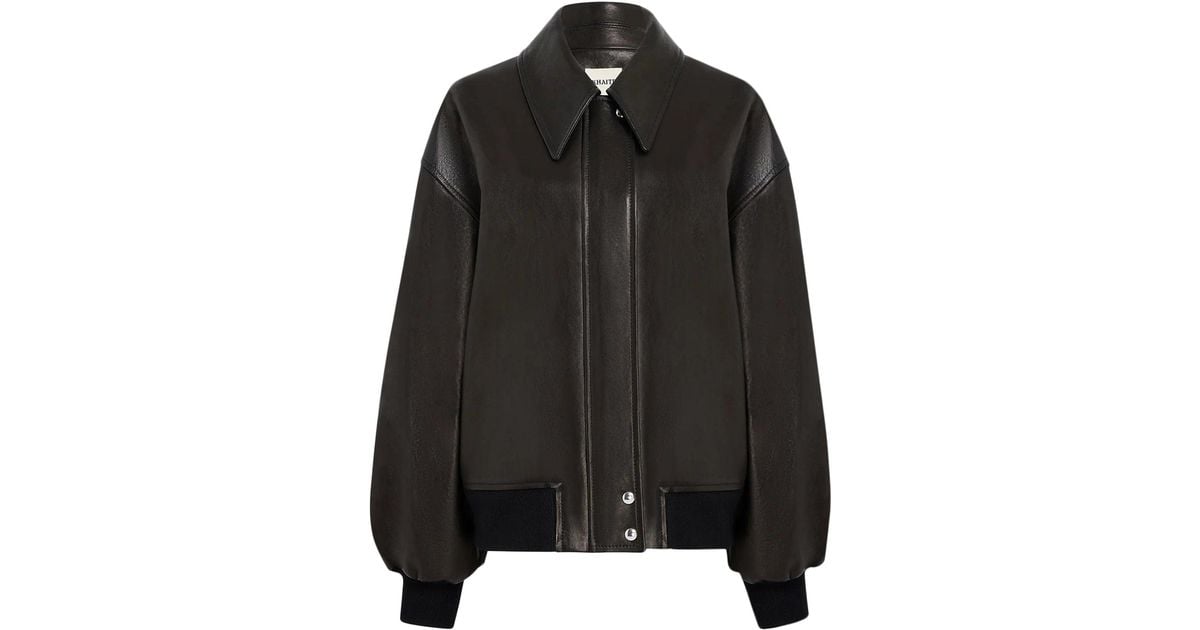 KHAITE Shelman Leather Bomber Jacket With Wide Neck in Black | Lyst UK