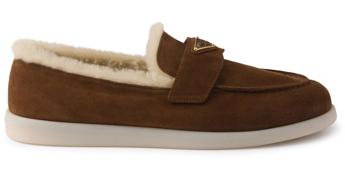 Prada Suede And Sheepskin Loafers in Brown | Lyst