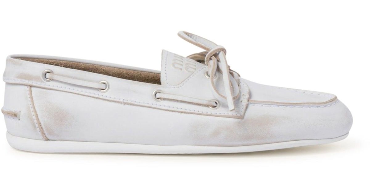 Miu Miu Unlined Leather Loafers in White | Lyst