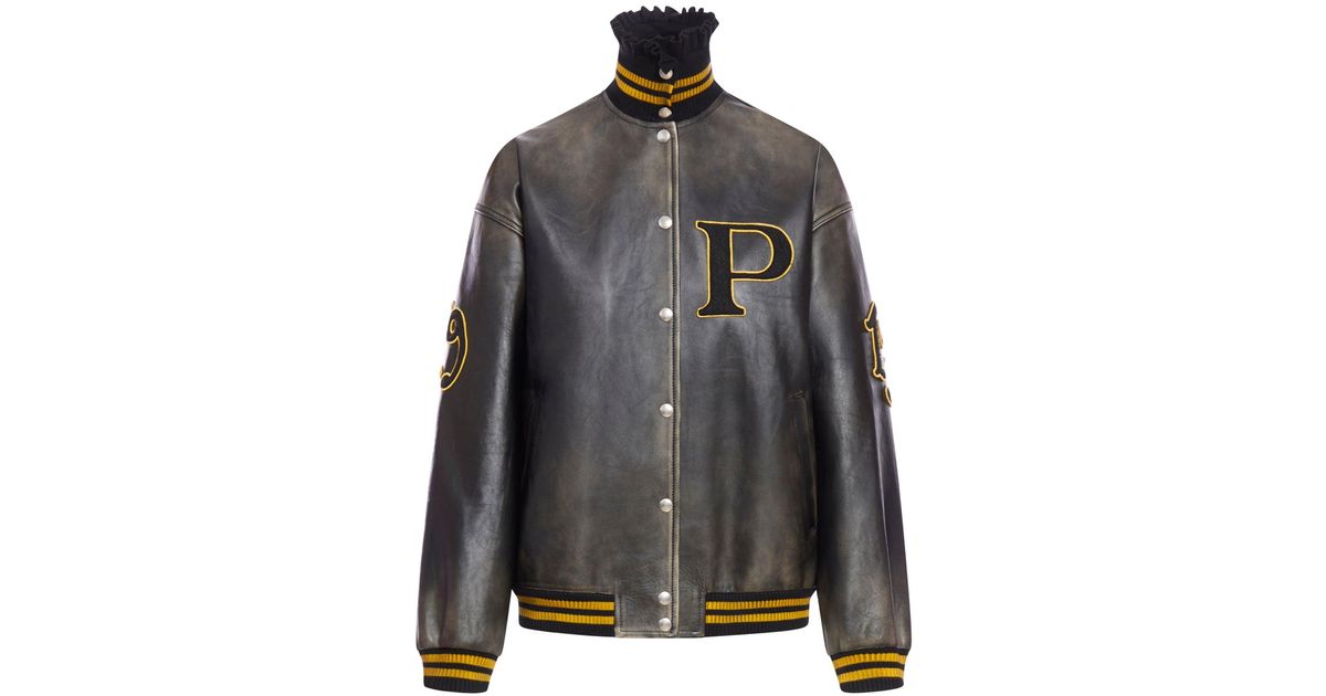 Prada Leather Bomber Jacket With Patch in Black | Lyst UK