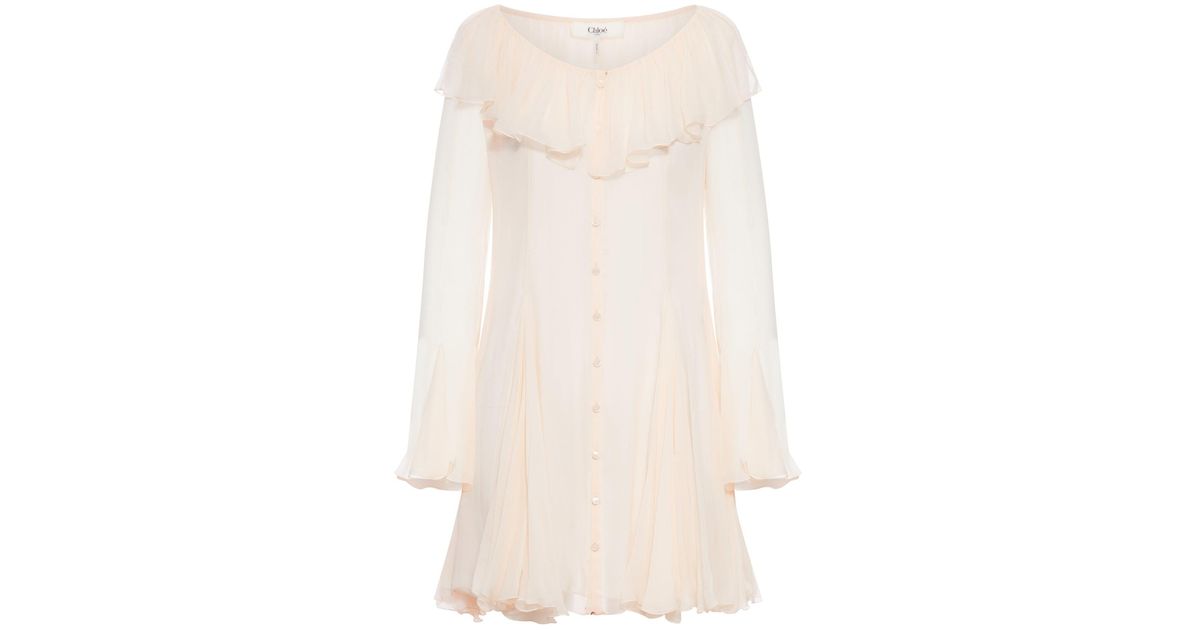 Chloé Flared Mini Dress With Ruffles in Natural | Lyst UK
