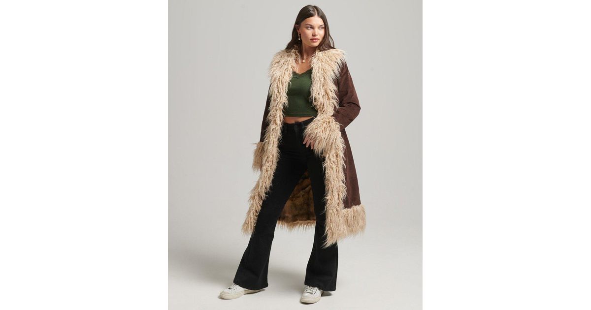 Superdry Faux Fur Lined Longline Afghan Coat Brown / Coffee Bean Brown ...