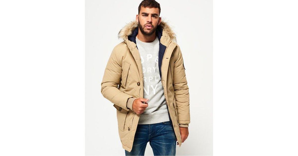 Superdry Faux Fur Trimmed Everest Coat Sand in Natural for Men | Lyst