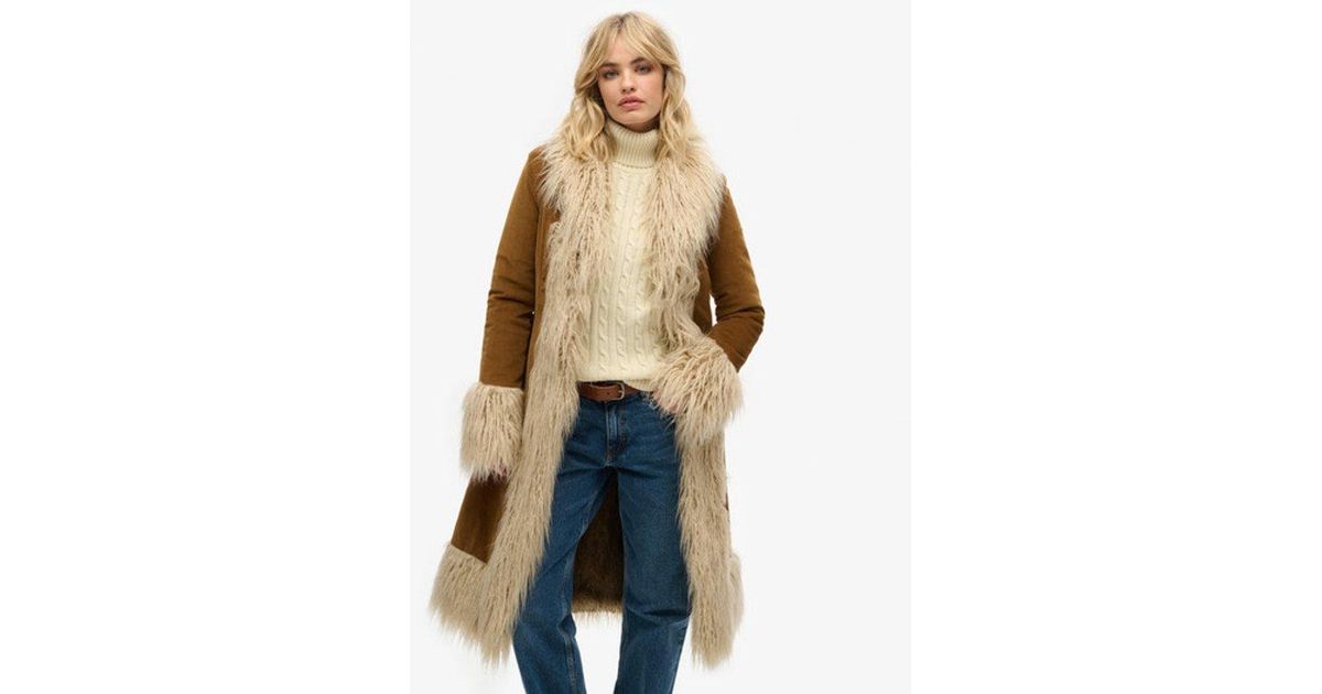 Superdry Faux Fur Lined Longline Afghan Coat in Blue | Lyst