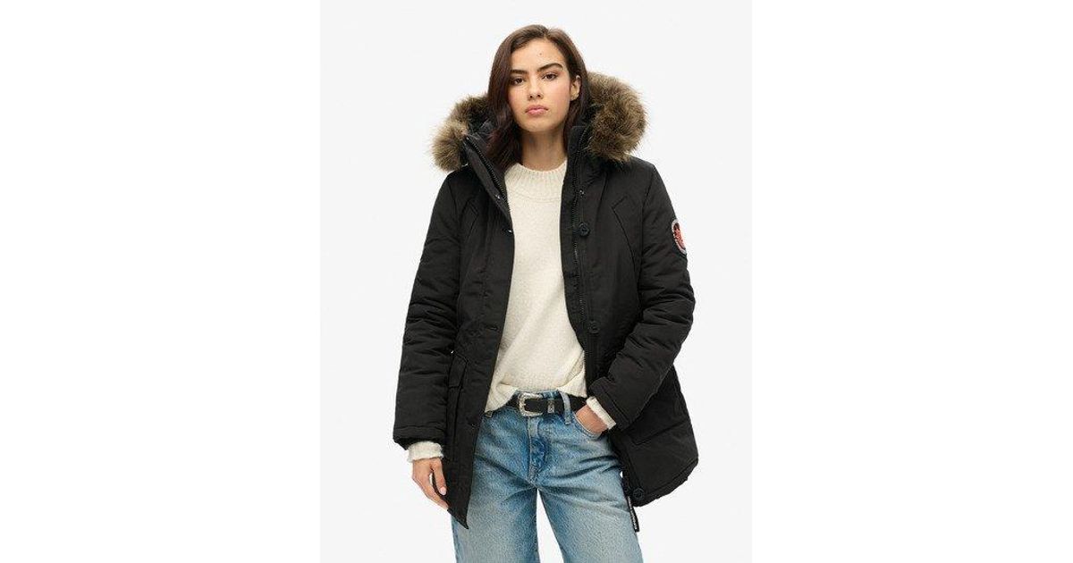 Superdry Classic Logo Patch Everest Faux Fur Hooded Parka Coat in Black ...