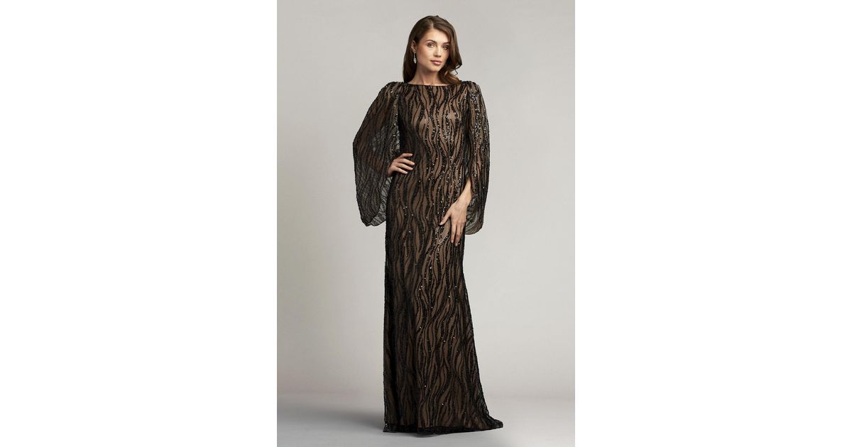 Tadashi Shoji Barrow Draped Cape Sequin Gown-Bk/Nd | Lyst