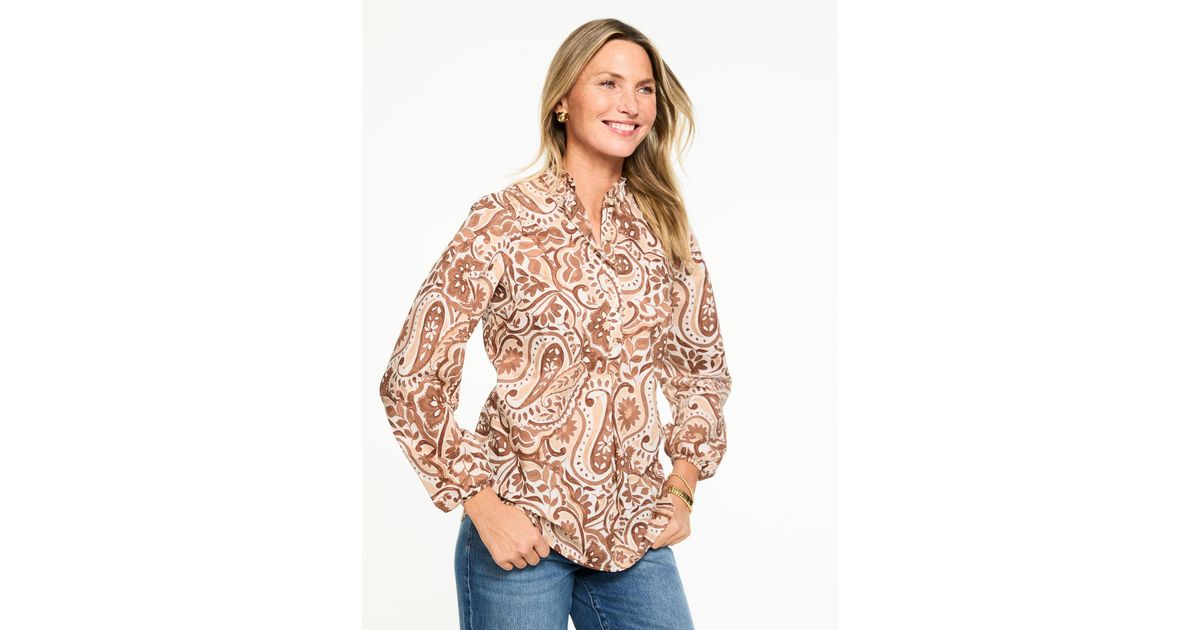 Talbots Prancing Paisley Ruffle Neck Top in Natural | Lyst UK