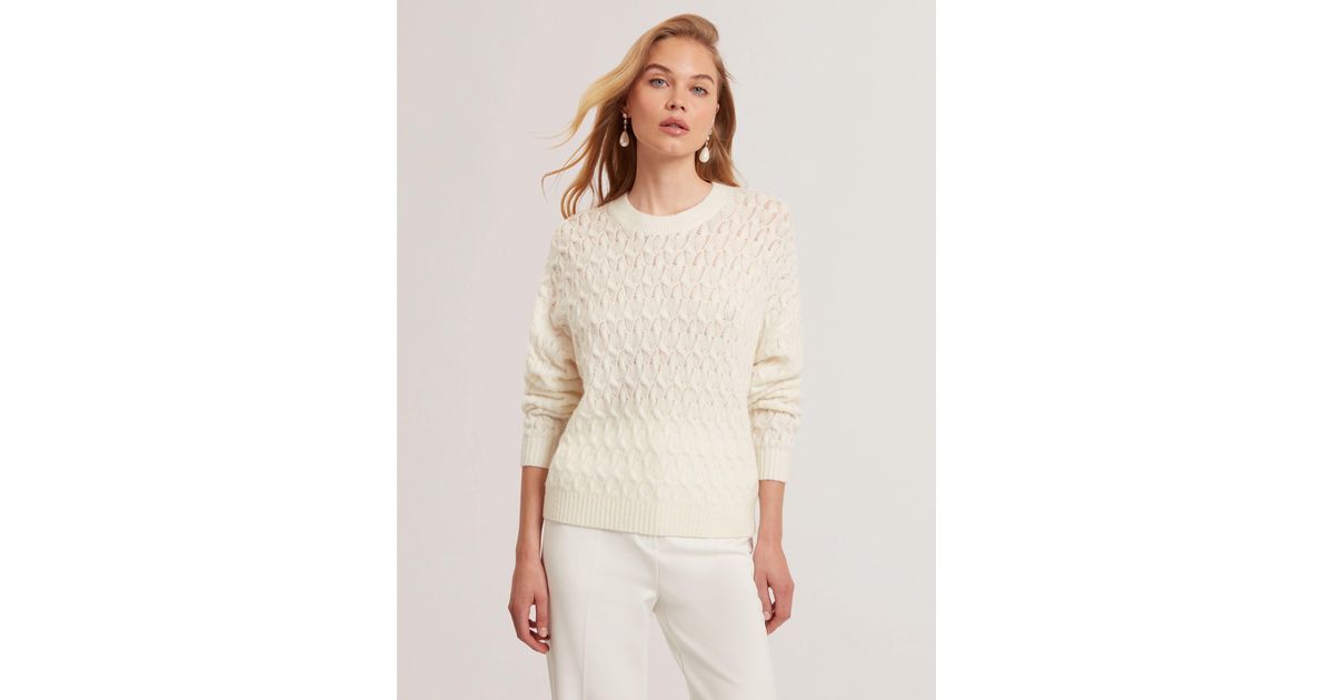 Ted Baker Jocieyy Pointelle Cable Knit Wool Jumper in Natural | Lyst UK