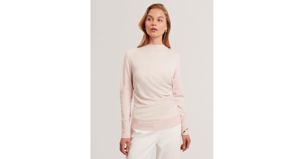 Ted Baker Leslay Draped Satin Front Fine Knit Top in Natural | Lyst UK