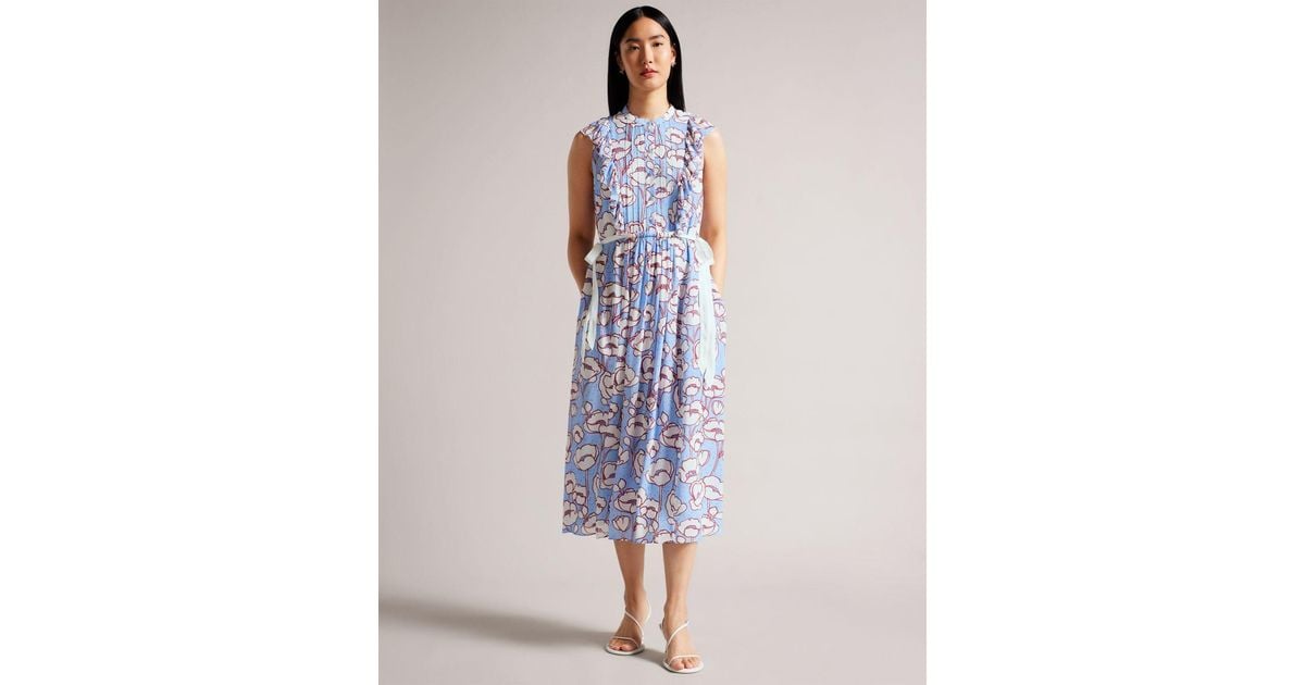 Ted Baker Sleeveless Frilled Midi Dress In Blue Lyst