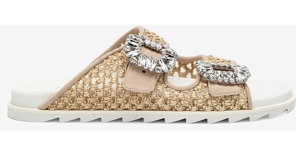 Roger Vivier Raffia Slidy Viv' Rhinestone Buckle Slides in White | Lyst