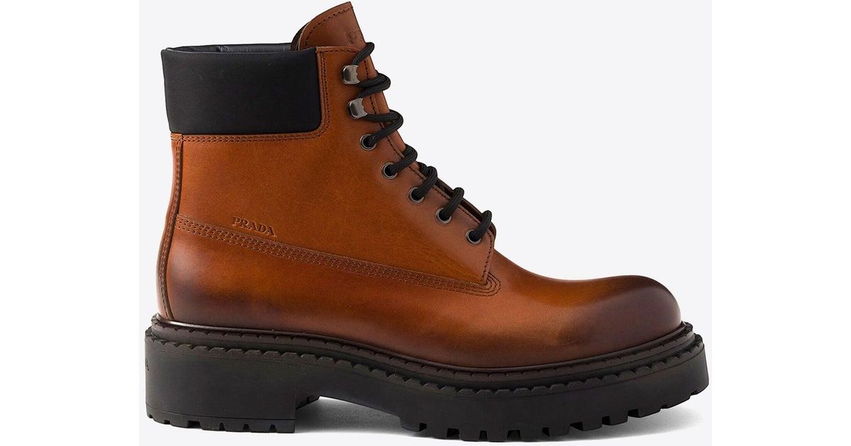 Prada Lace-Up Italian Leather Work Boots in Brown for Men | Lyst