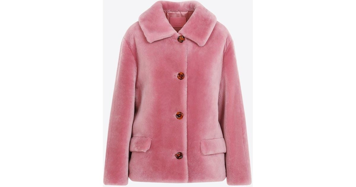 Prada Single-Breasted Fur Coat in Pink | Lyst