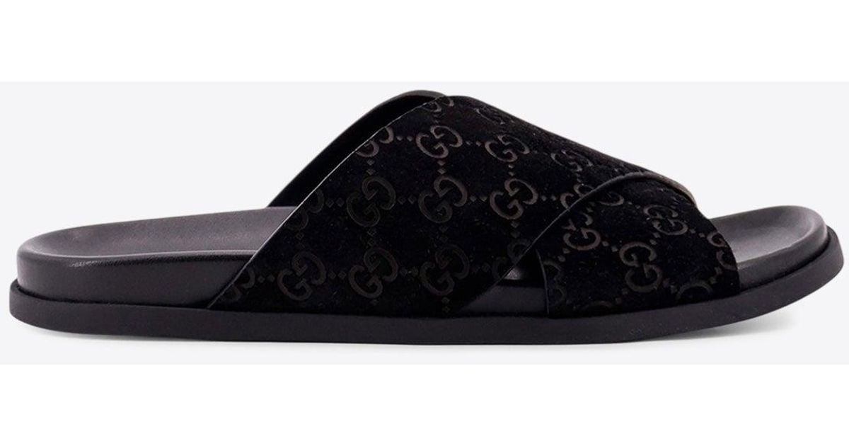 Gucci Gg Motif Suede Slides in Black for Men | Lyst