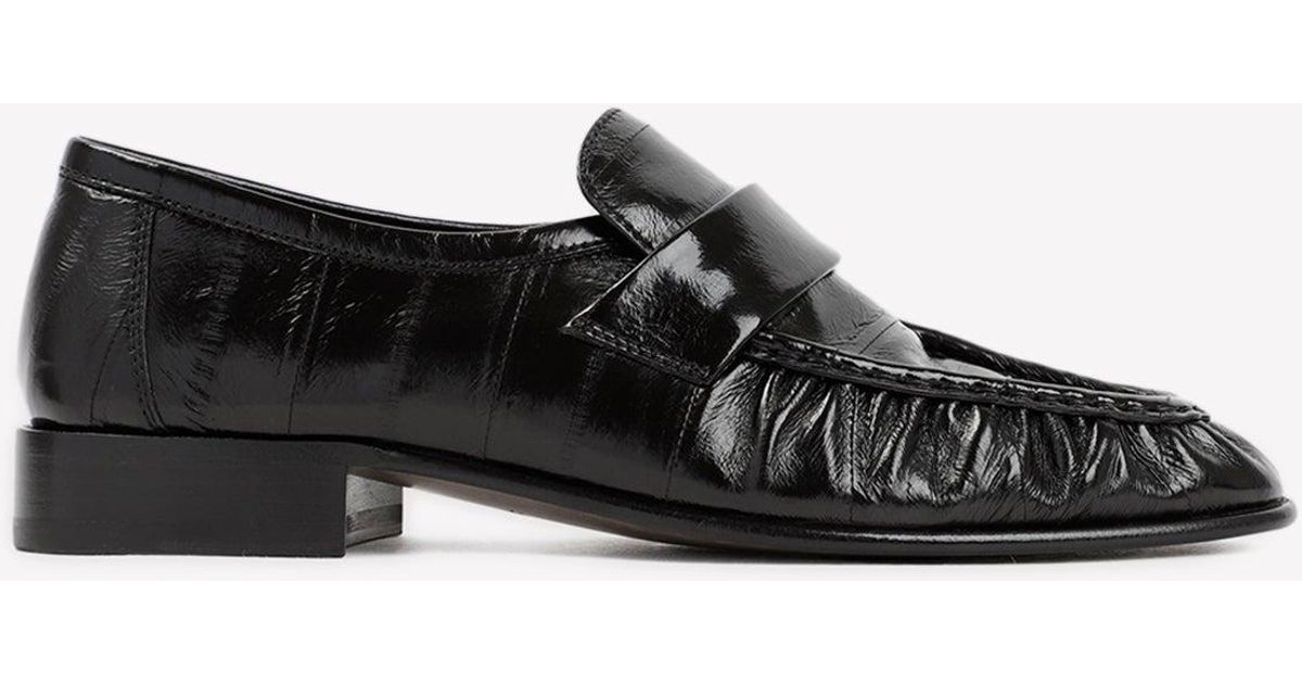 The Row Soft Loafers In Crinkle Leather in Black | Lyst
